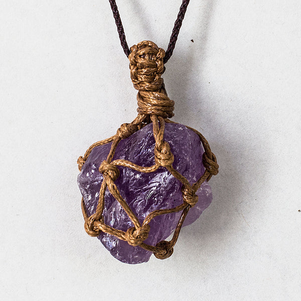 Rough Stone in Net Necklace - Amethyst - Mi Chakra