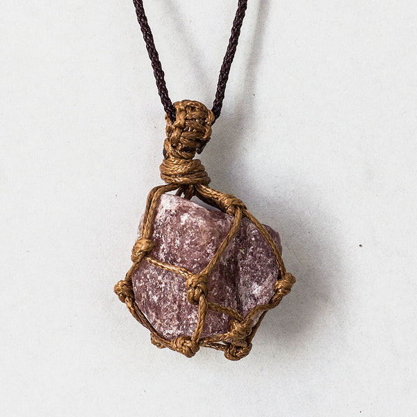 Rough Stone in Net Necklace - Strawberry Quartz - Mi Chakra